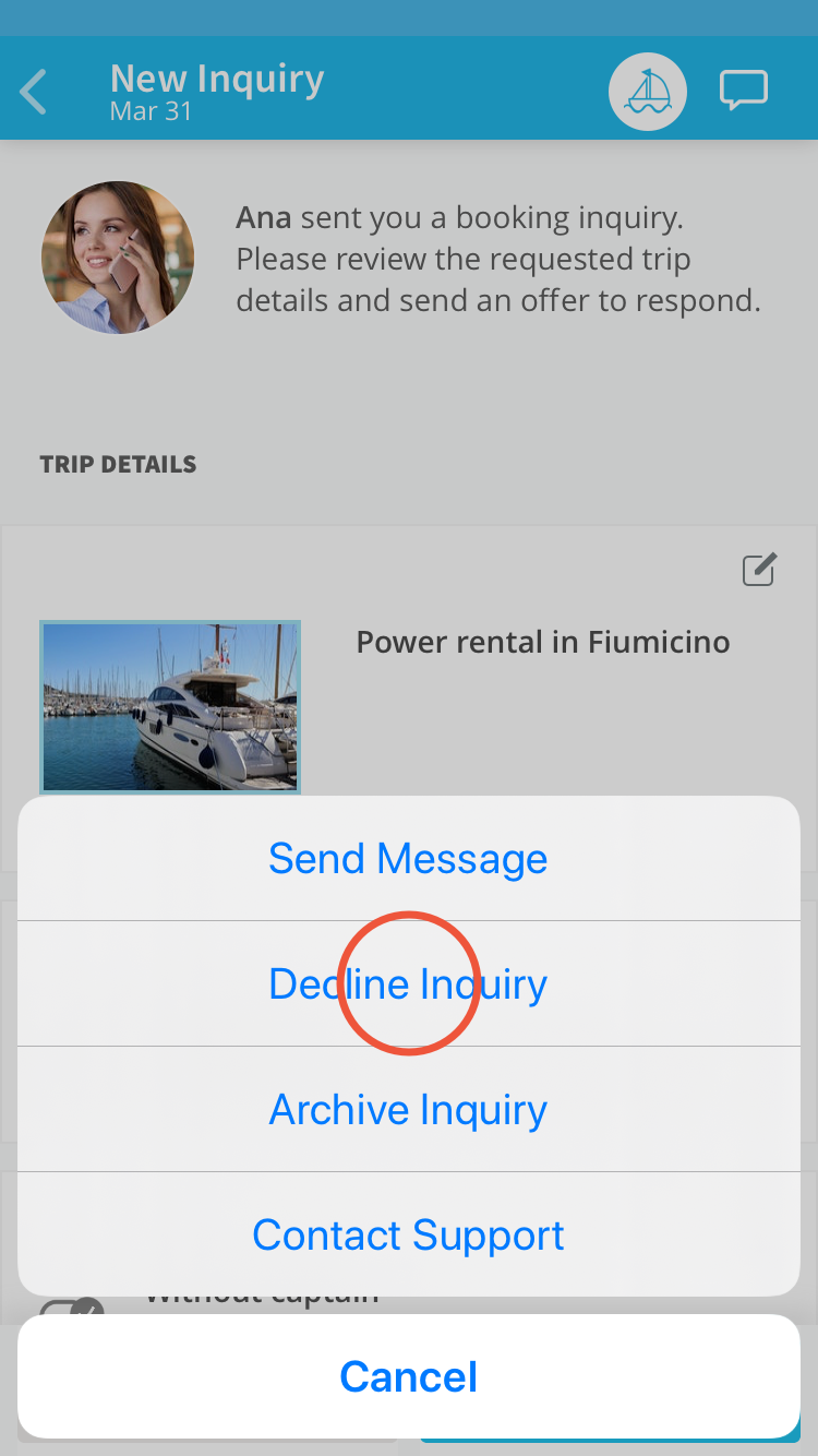 How do I decline a booking inquiry with the mobile app? – Getmyboat